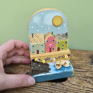 Miniature Harbour Scene With Seaside Houses and Boats. Handmade Wooden ...