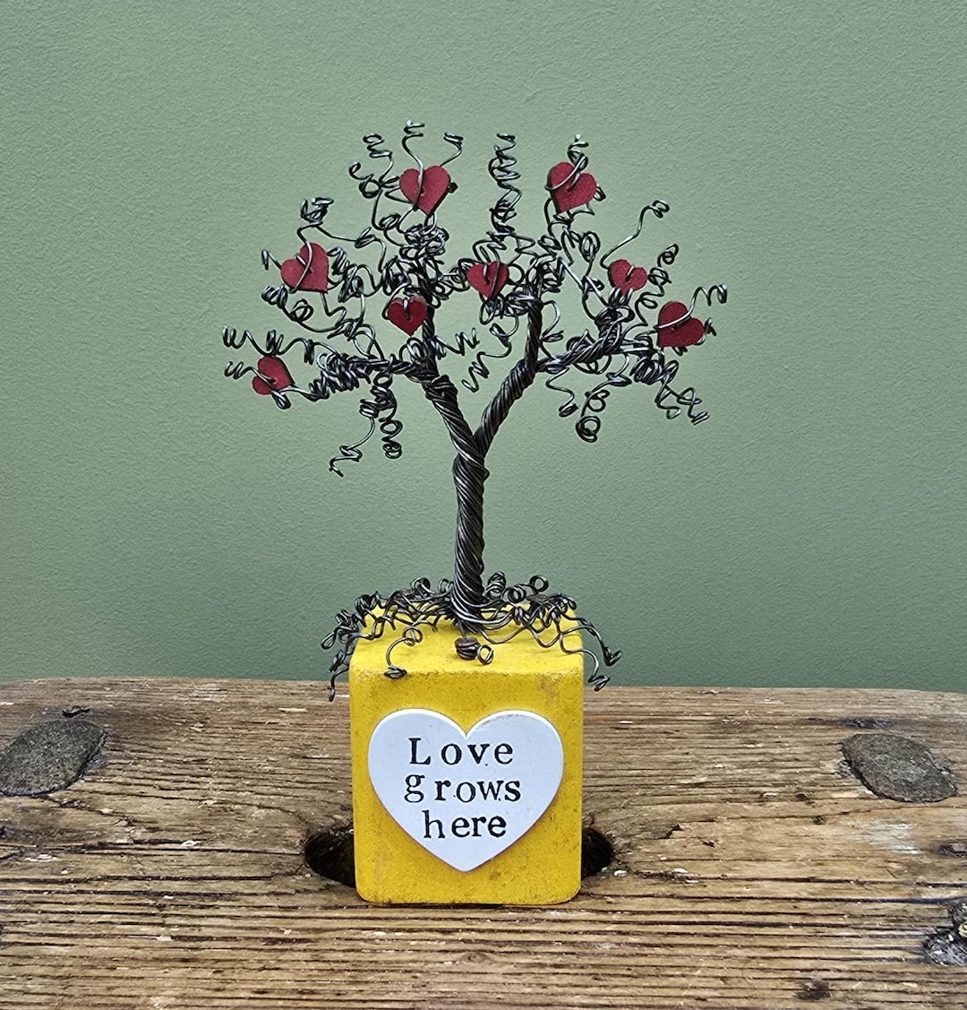 Wire Tree Sculpture With Wooden Hearts, Love Grows Here. Tree of Hearts ...