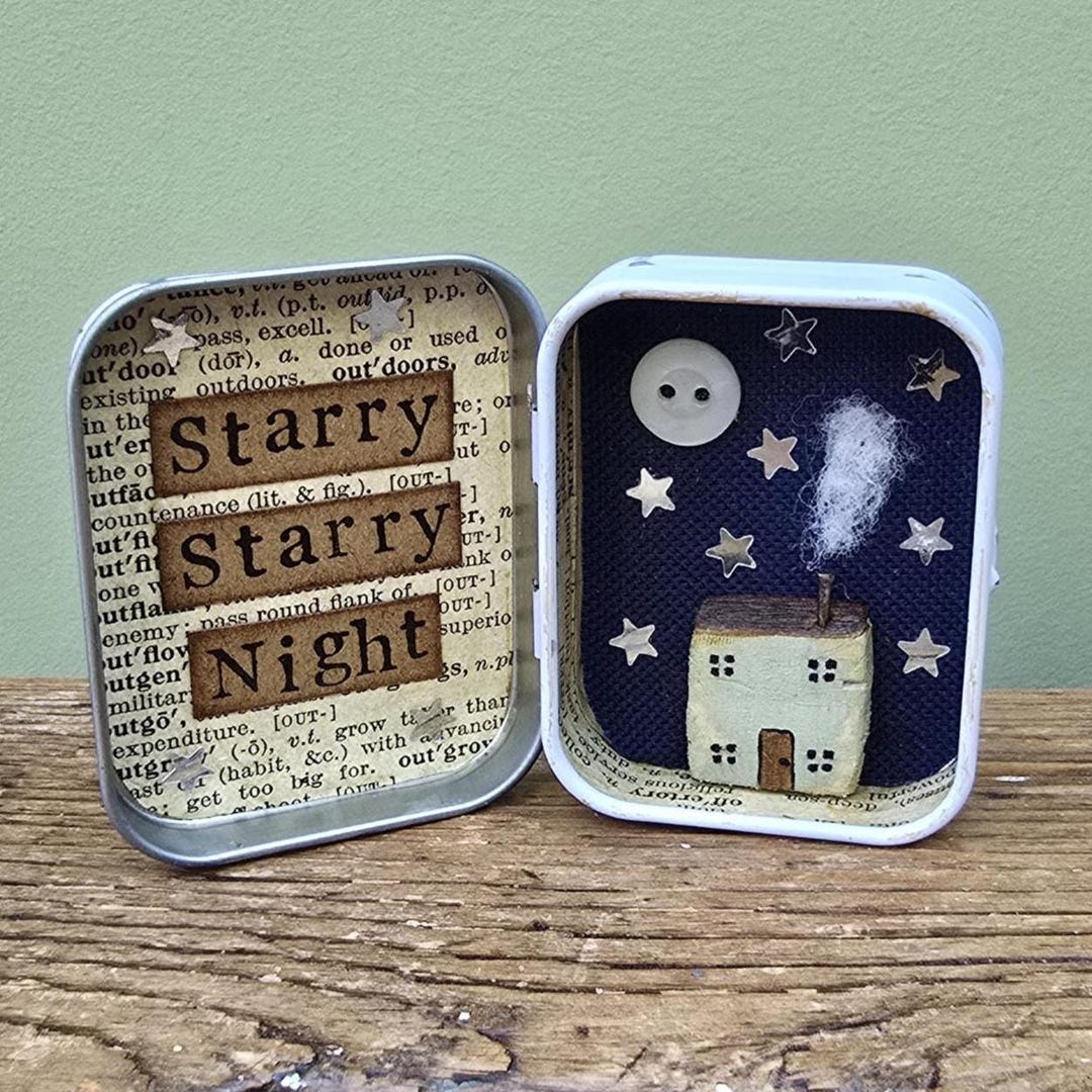 Starry Starry Night. Handmade, Upcycled Tin With Tiny Wooden House ...