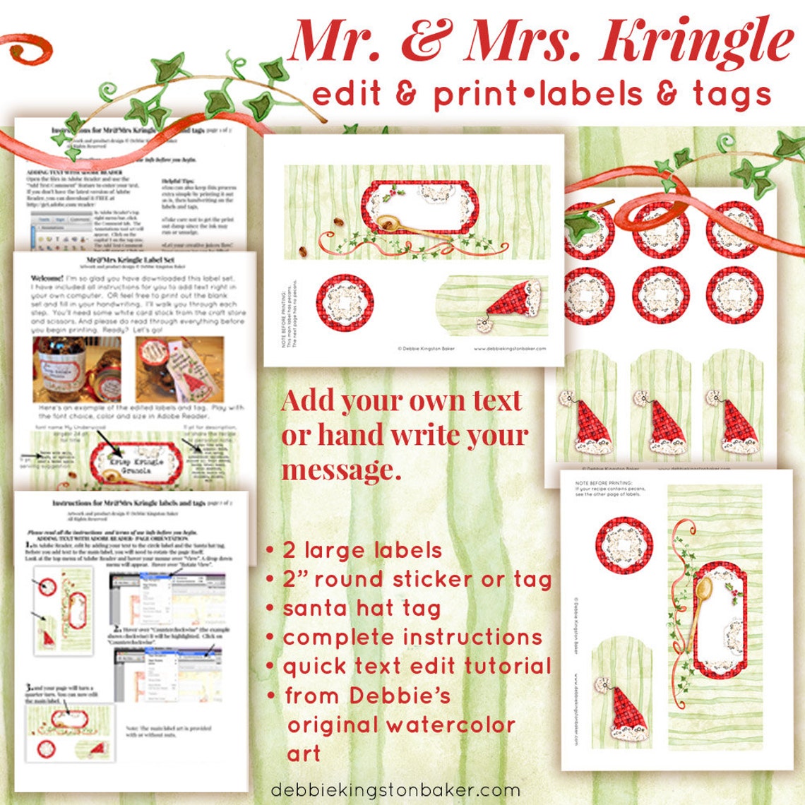 Christmas Gift Labels and Tags Set, Editable Printable, Green Stripe ...