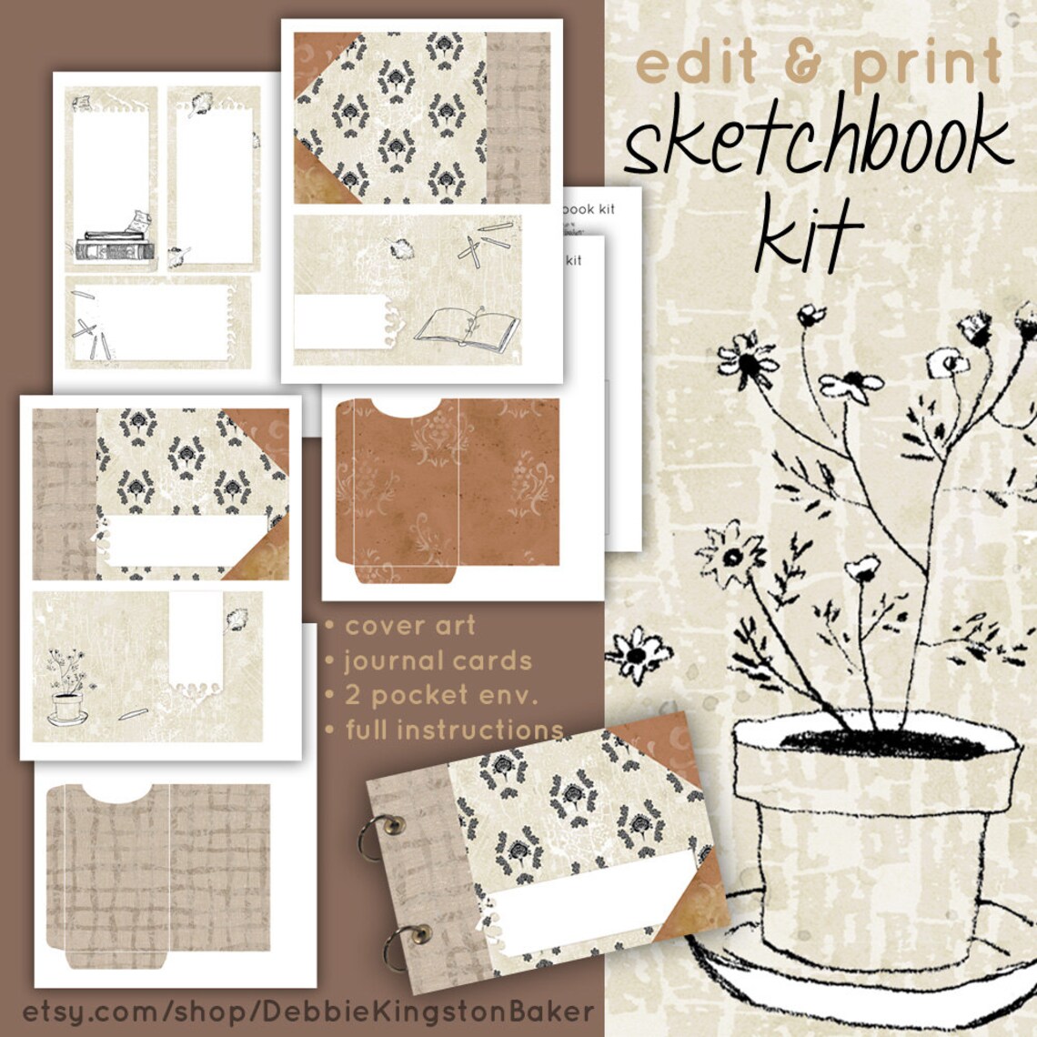 Printable Mini Sketchbook Kit Earth Tones 5x7in. Editable Journaling ...