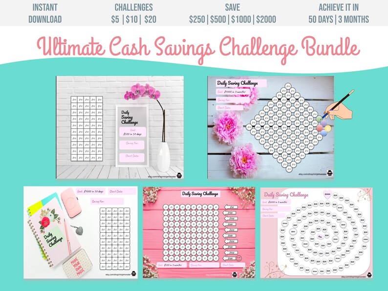 Daily Savings Challenge Bundle Printable - Save 250, 500, 1000 or 2000 ...
