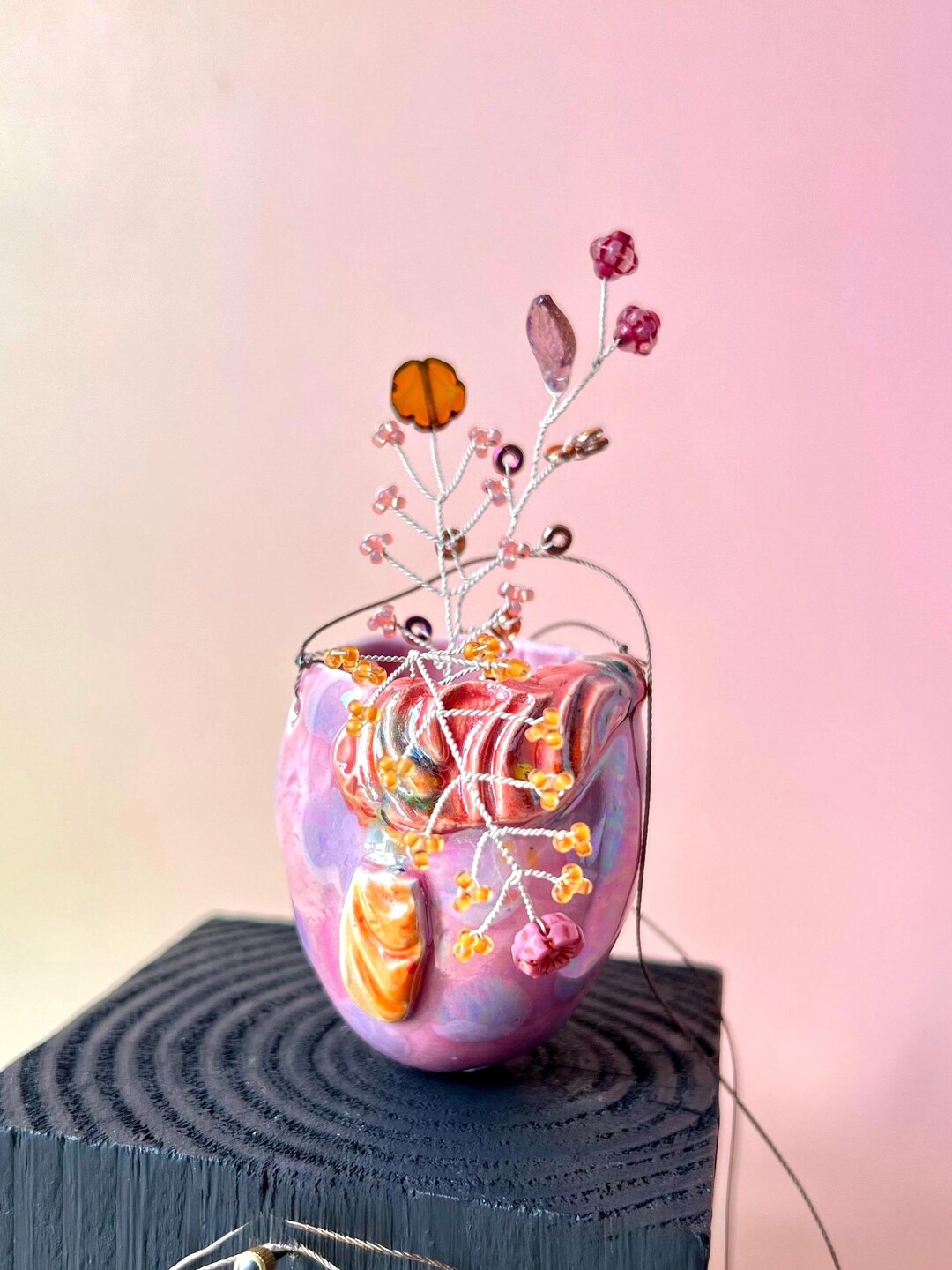 Handmade Hanging Pinch Pot: Beaded Flower Art, Luster Fired Pottery - Etsy