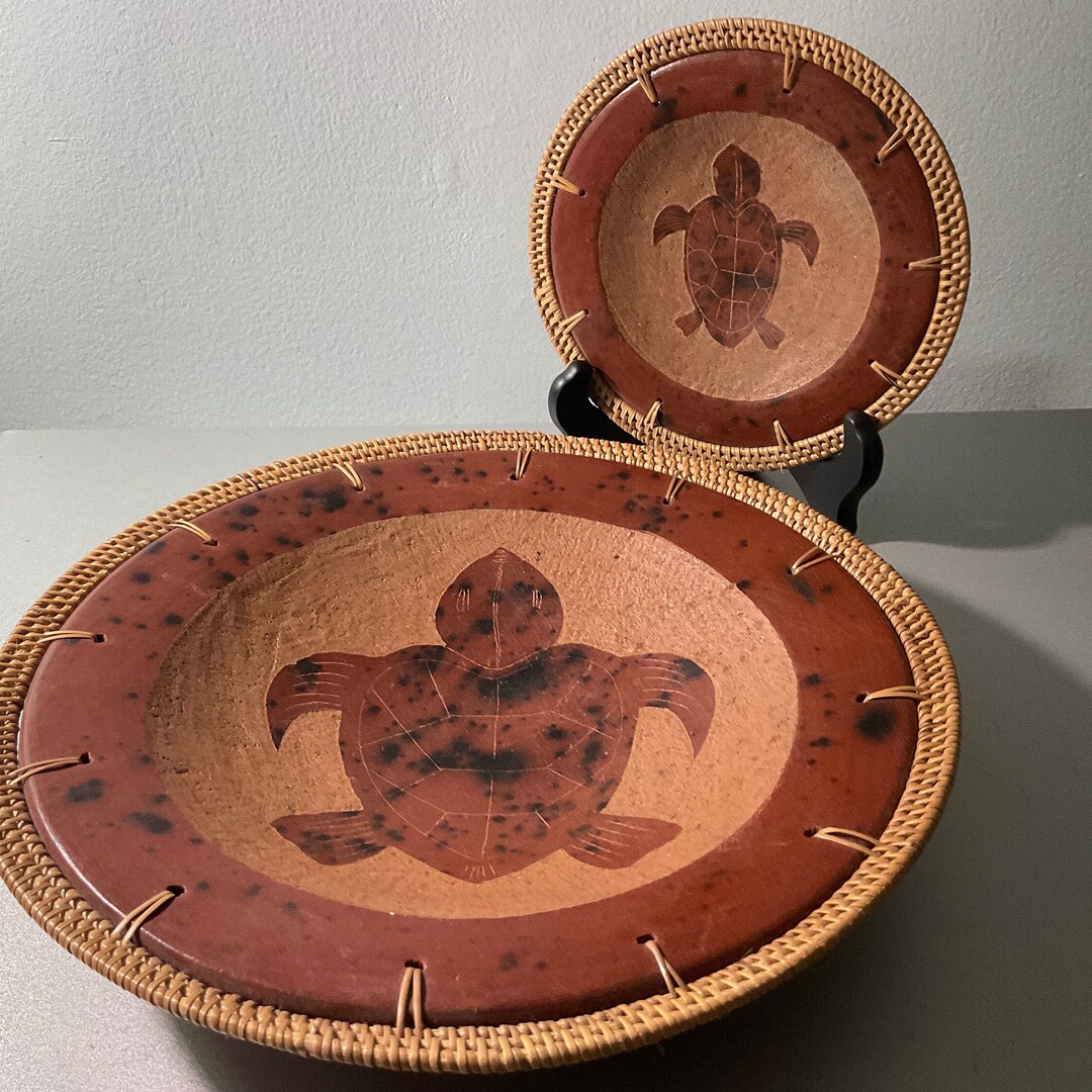 Sea Turtle Sasak Style Indonesian Style Pottery Plate Bowl Pair Woven ...