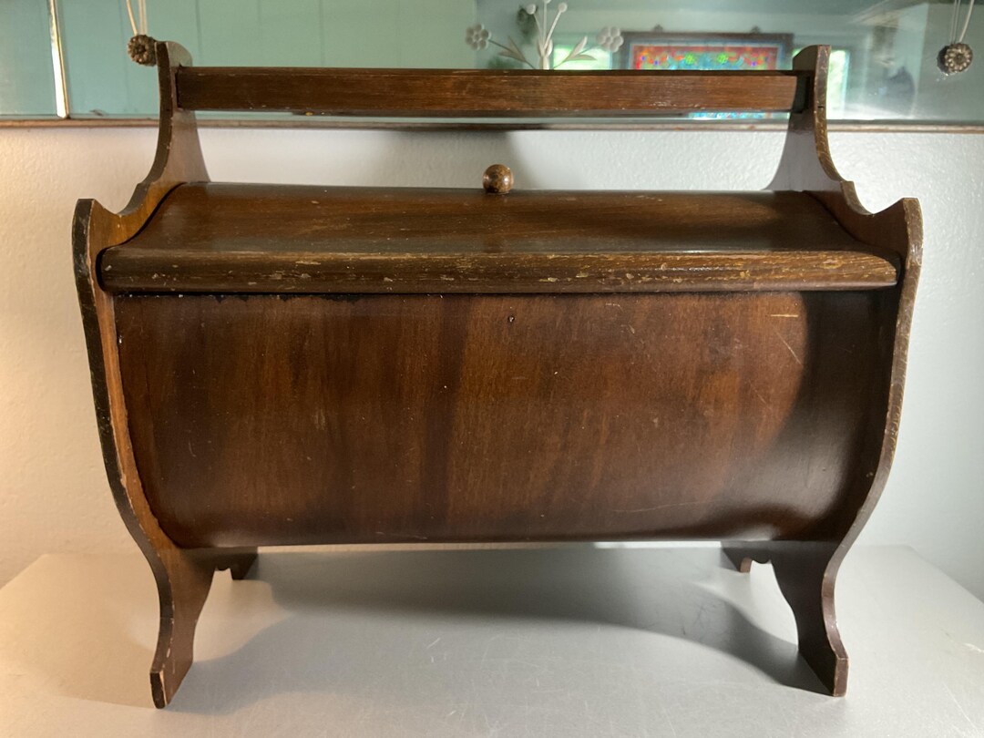 Wood Sewing Box With Flip Top Lids Rounded Bottom 1930s-40s Sewing ...