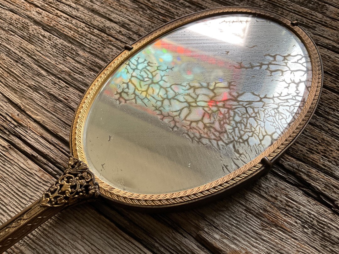 Hand Mirror Vintage Antique Oval Filigree Shabby Chic Distressed Hand ...