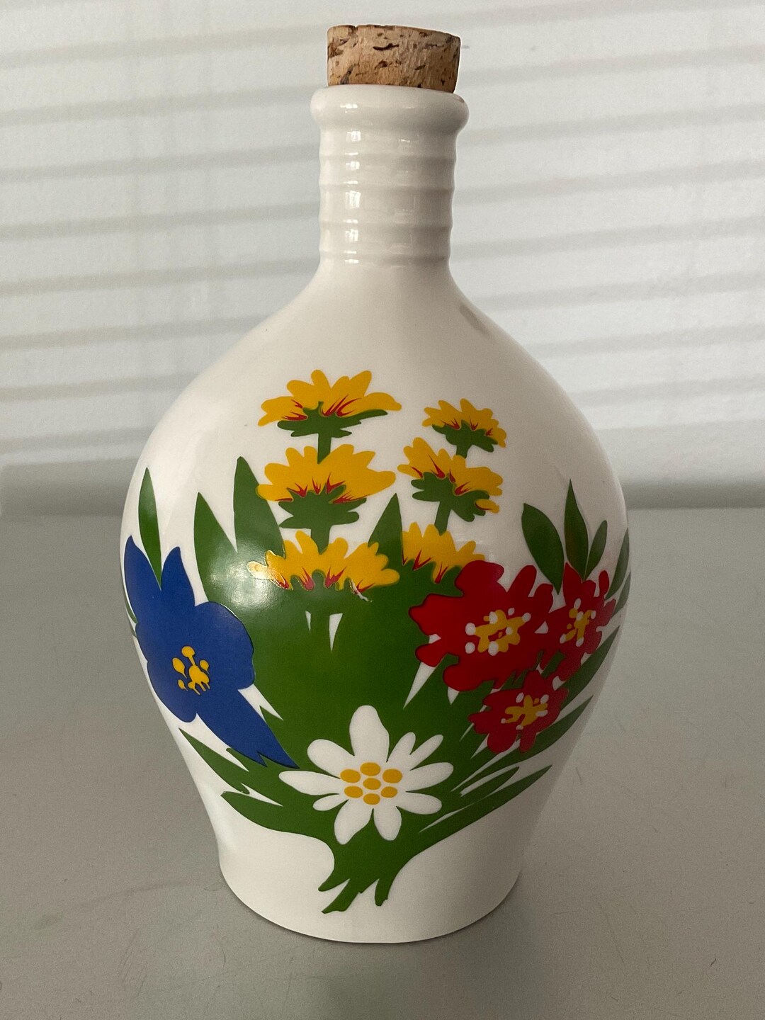 German Floral Ceramic Decanter Empty With Keyser Plastic Shot Glass ...