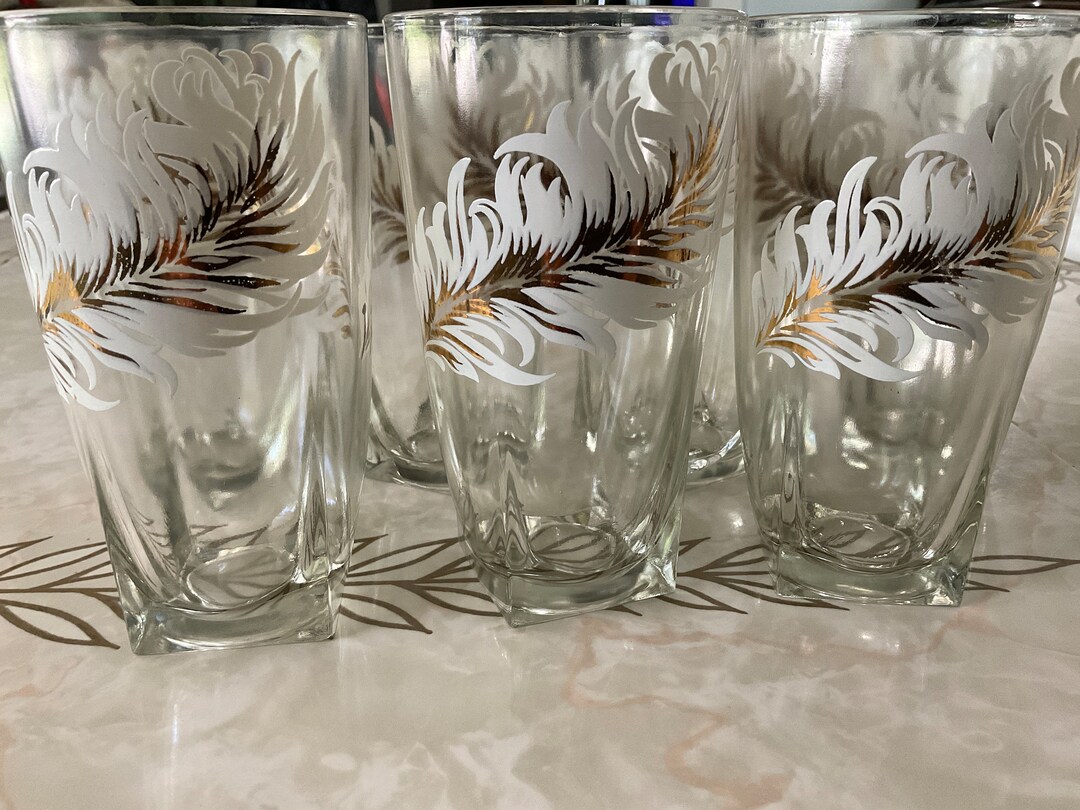 Feather Water Glasses Tumblers MCM Mid Century Glassware Gold White ...