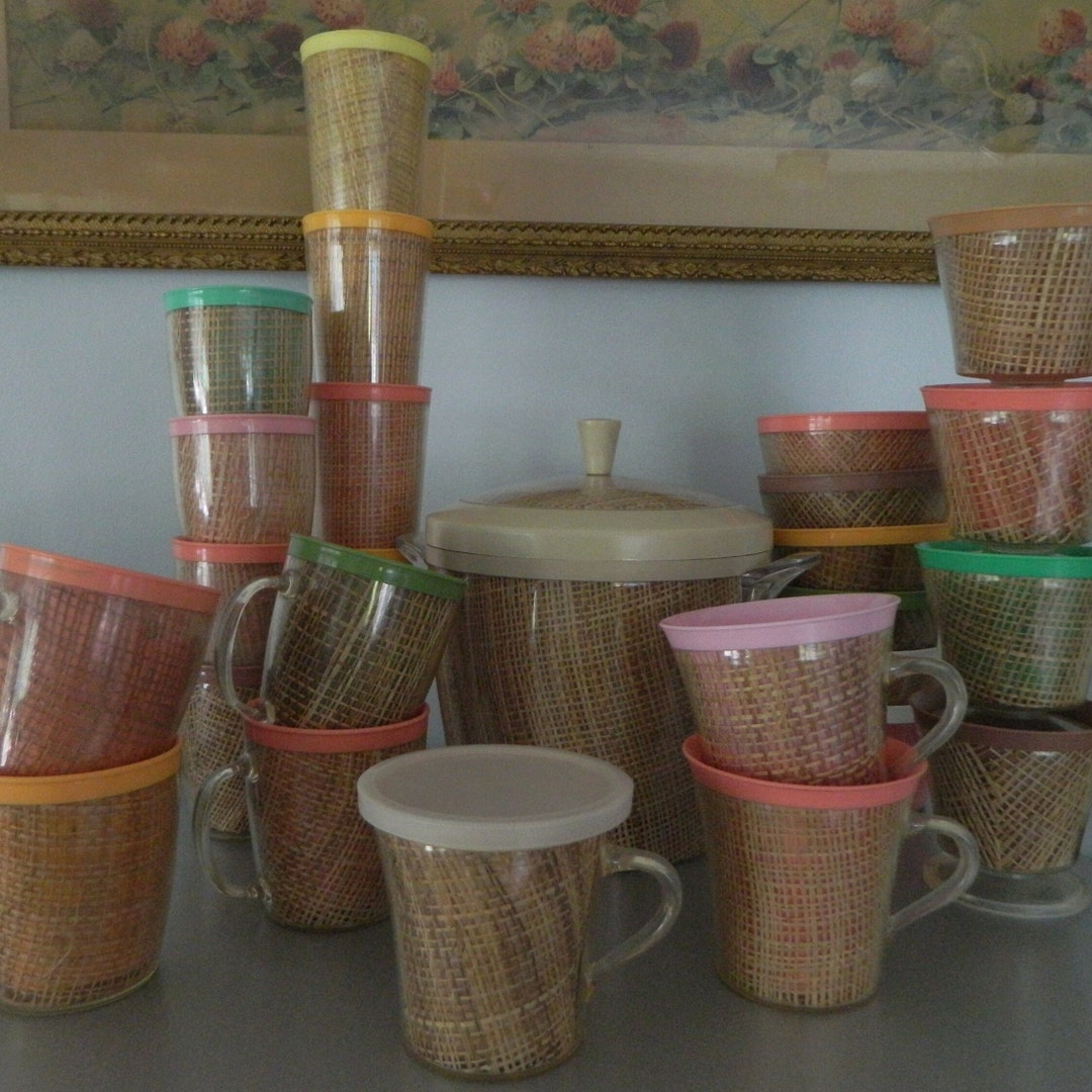 Retro Thermo-temp Raffiaware / Rattan Burlap Insulated Tumblers Cups ...