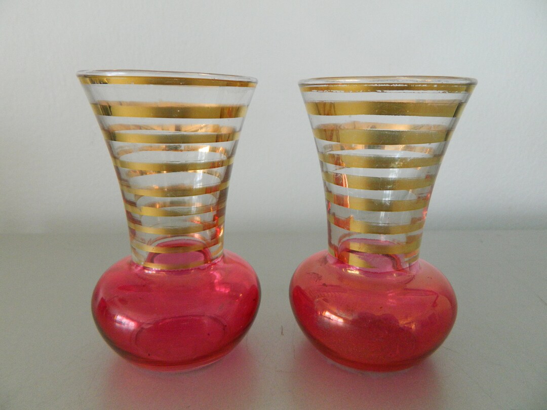 Small Cranberry Bud Vase Pair Ruby Red Raspberry Red Gold Stripe Small ...