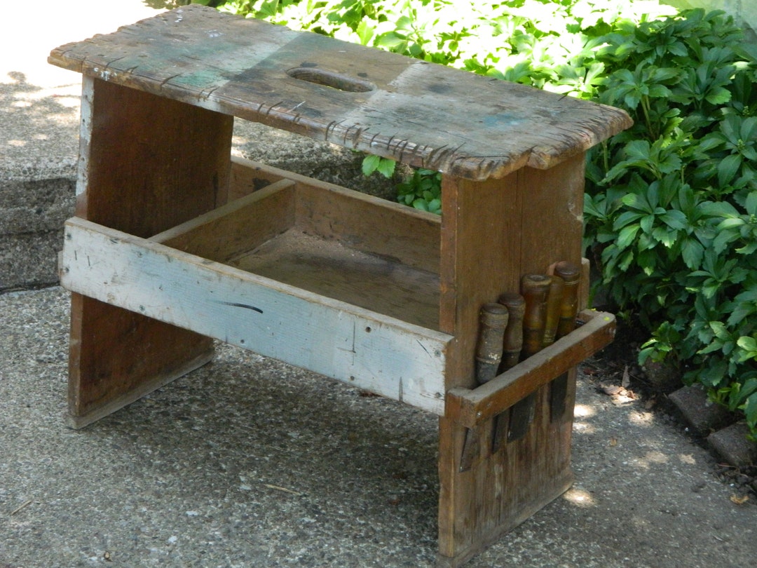Rustic Wood Work Bench Stool With Tool Storage Shabby Wood Work Bench ...