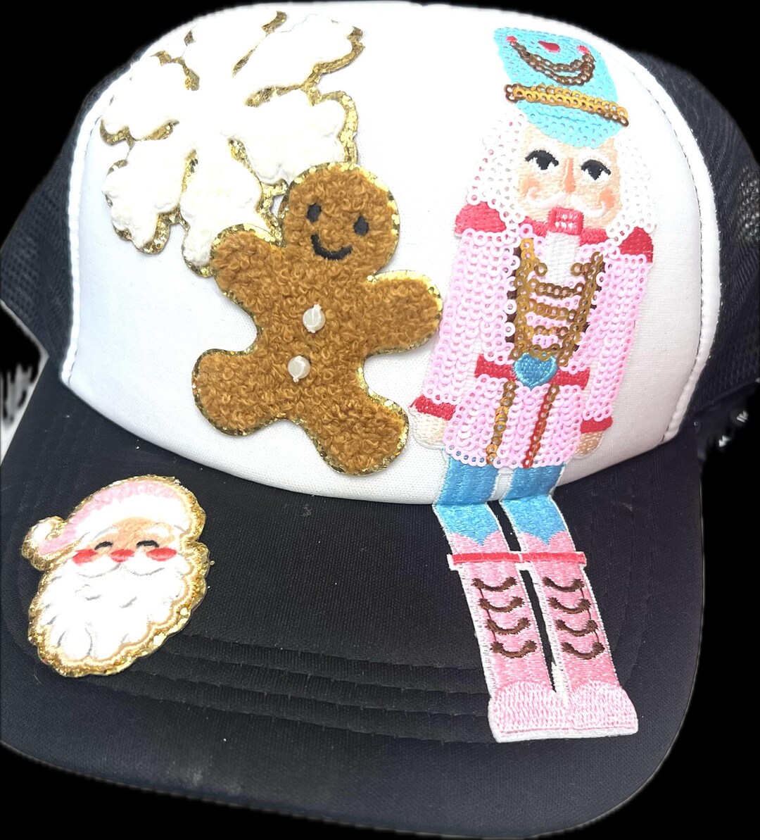 Nutcracker Santa Gingerbread Christmas Trucker Hat Santa Holidays Black ...