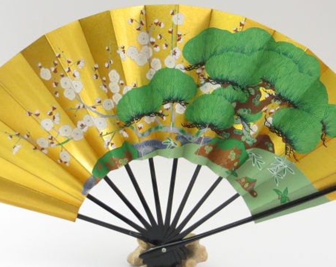 Vintage Black Lacquered Oriental Fan With Hand Painted Designs on Each ...