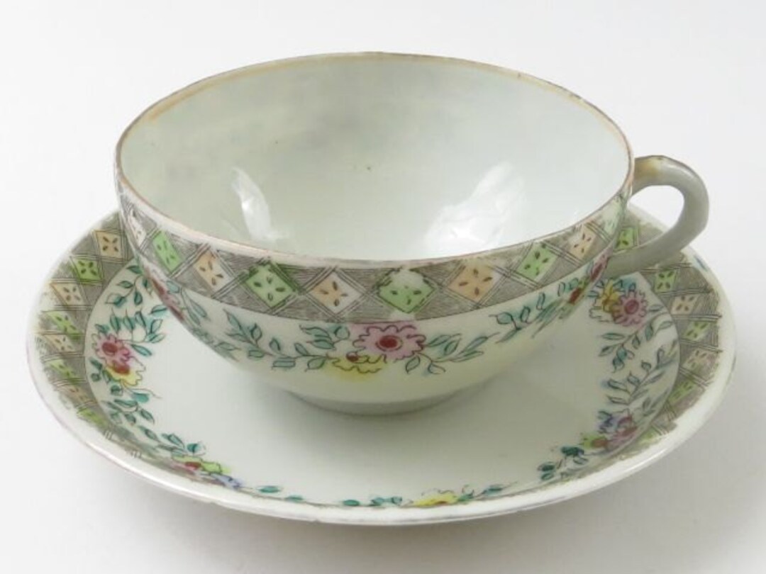 Vintage Porcelain Cup and Saucer With Geometric and Floral Garland ...
