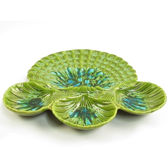 Ceramic Dark Green Serving Platter Divided MCM 3 piece Trays & Platters ...