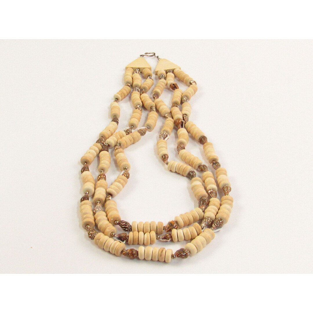 Triple Strand Shell and Burnished Wood Bead Necklace Beach Cruise Wear ...