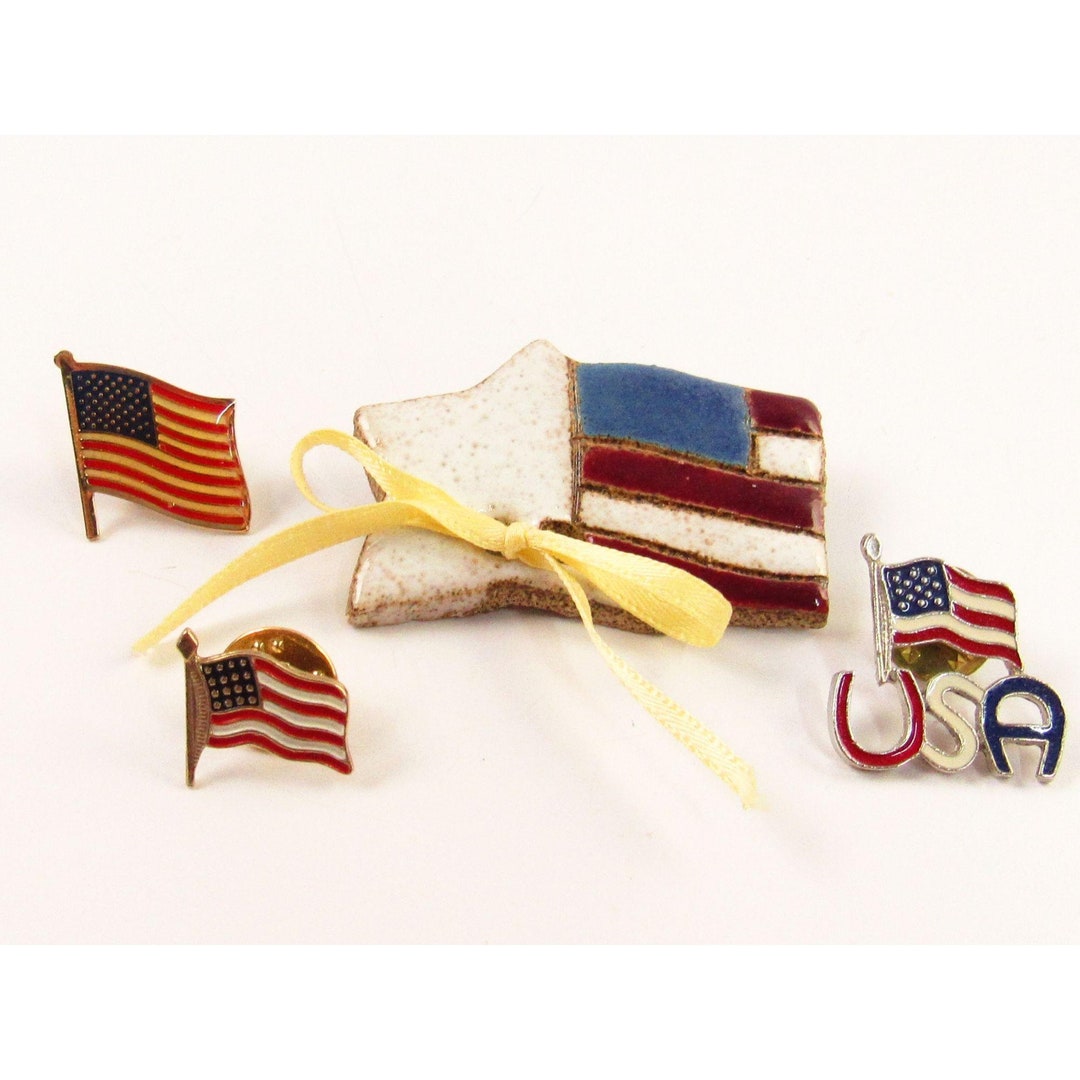 Artisan Crafted Clay Flag Pin With A Trio of Patriotic Flag Lapel Pins ...