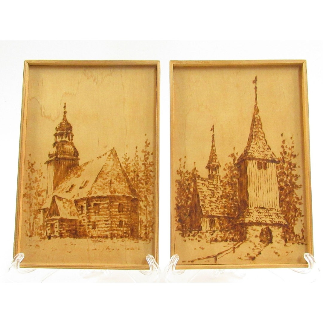 Vintage Polish Wood Pyrography Plaques Featuring Two Old Landmark ...