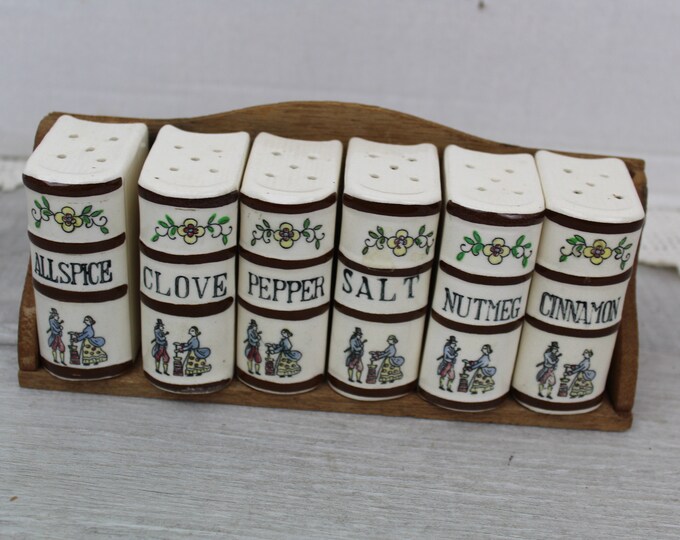 Vintage Spice Jars Ceramic Book Design in Wood Spice Rack Shelf Country ...
