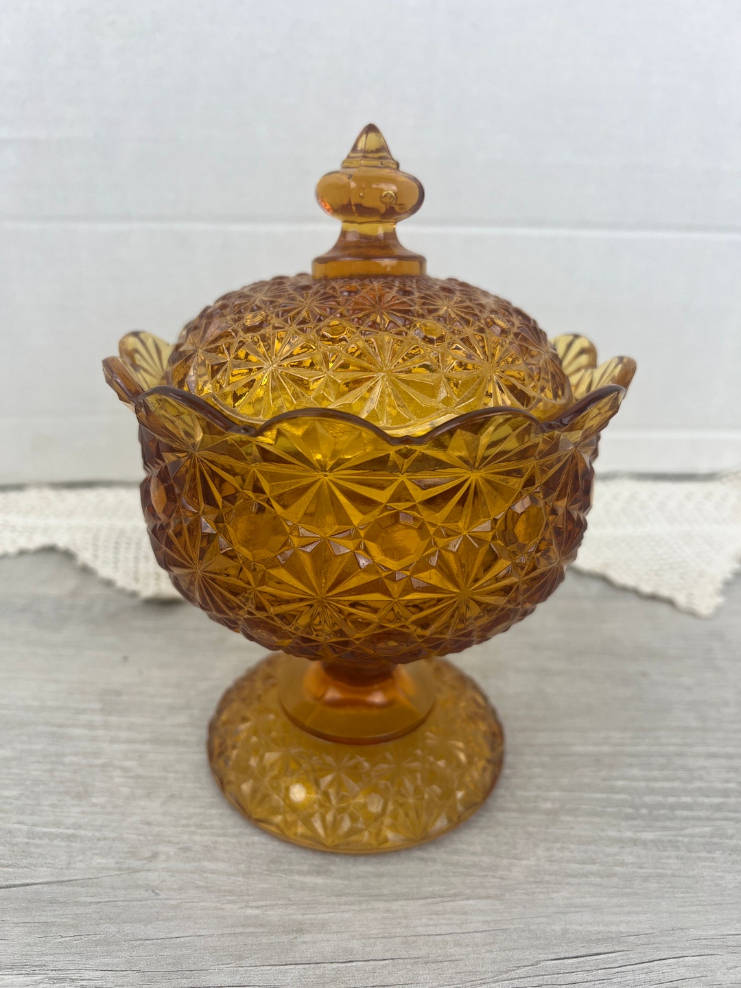 Vintage L. E. Smith Amber Daisy & Button Candy Compote Candy Dish ...