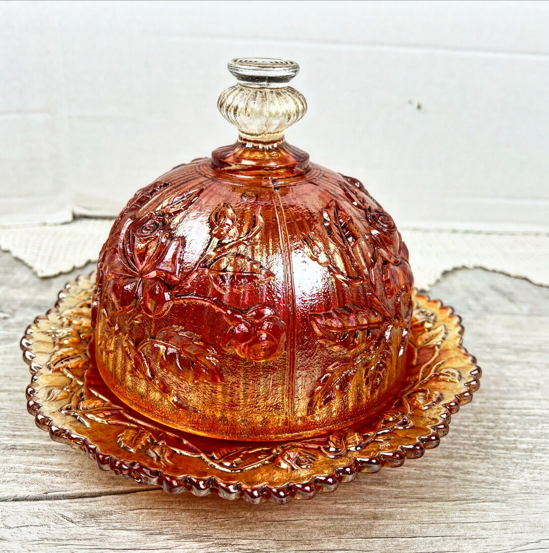 Imperial Glass Domed Butter Dish Lid Round Marigold Carnival Rosebud ...