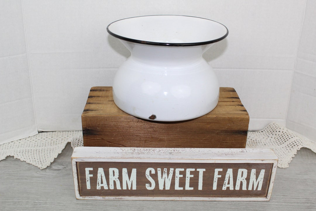 Vintage Spittoon Cuspidor White Enamelware Black Trim Barware Mancave ...