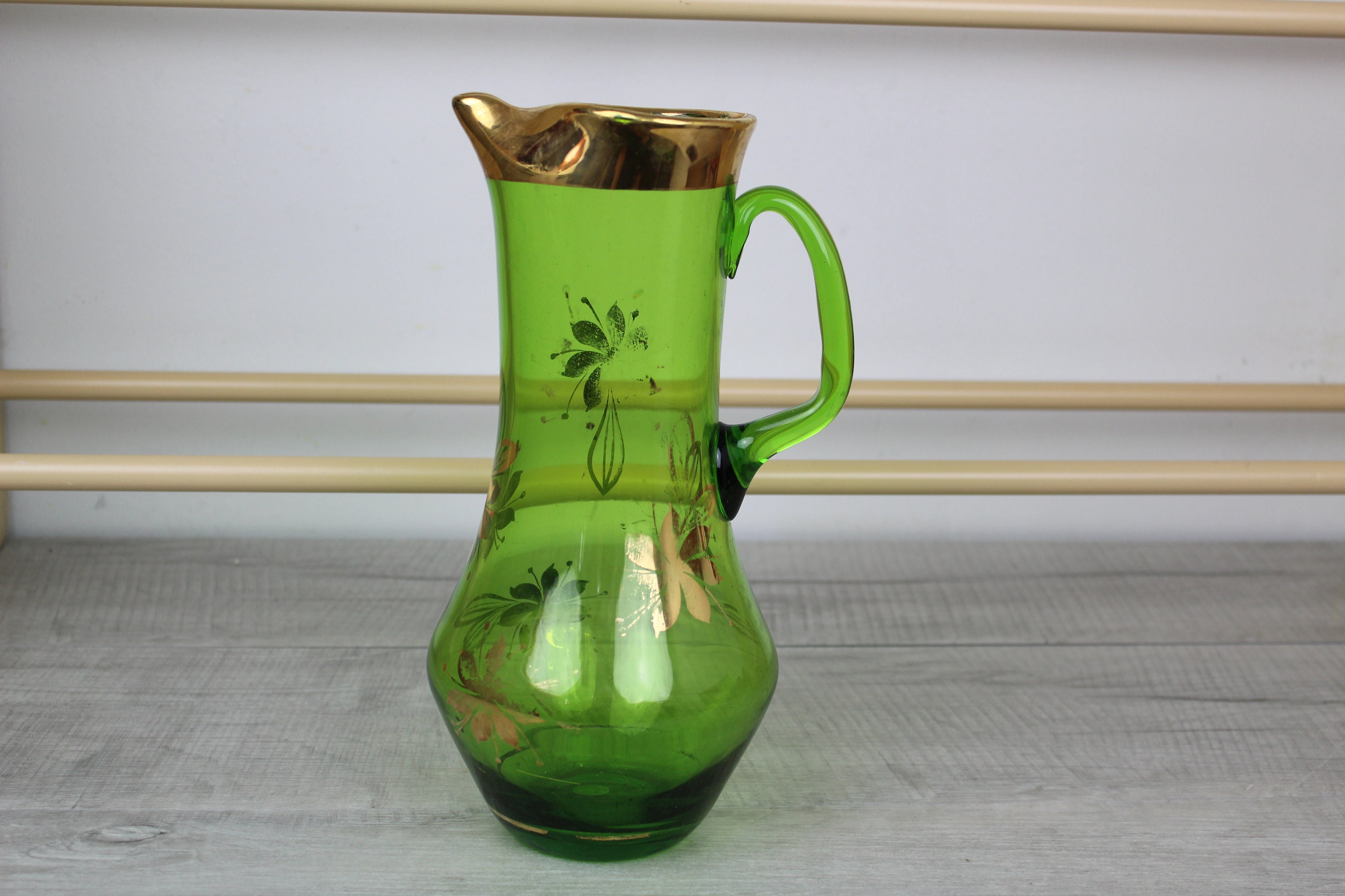 Green Glass Pitcher With Gold