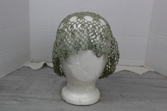 Antique Cloche Hat Boudoir Nightcap Green Corded Tatt… - Gem