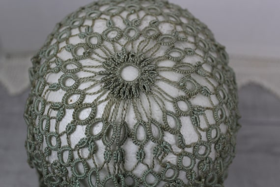 Antique Cloche Hat Boudoir Nightcap Green Corded Tatt… - Gem