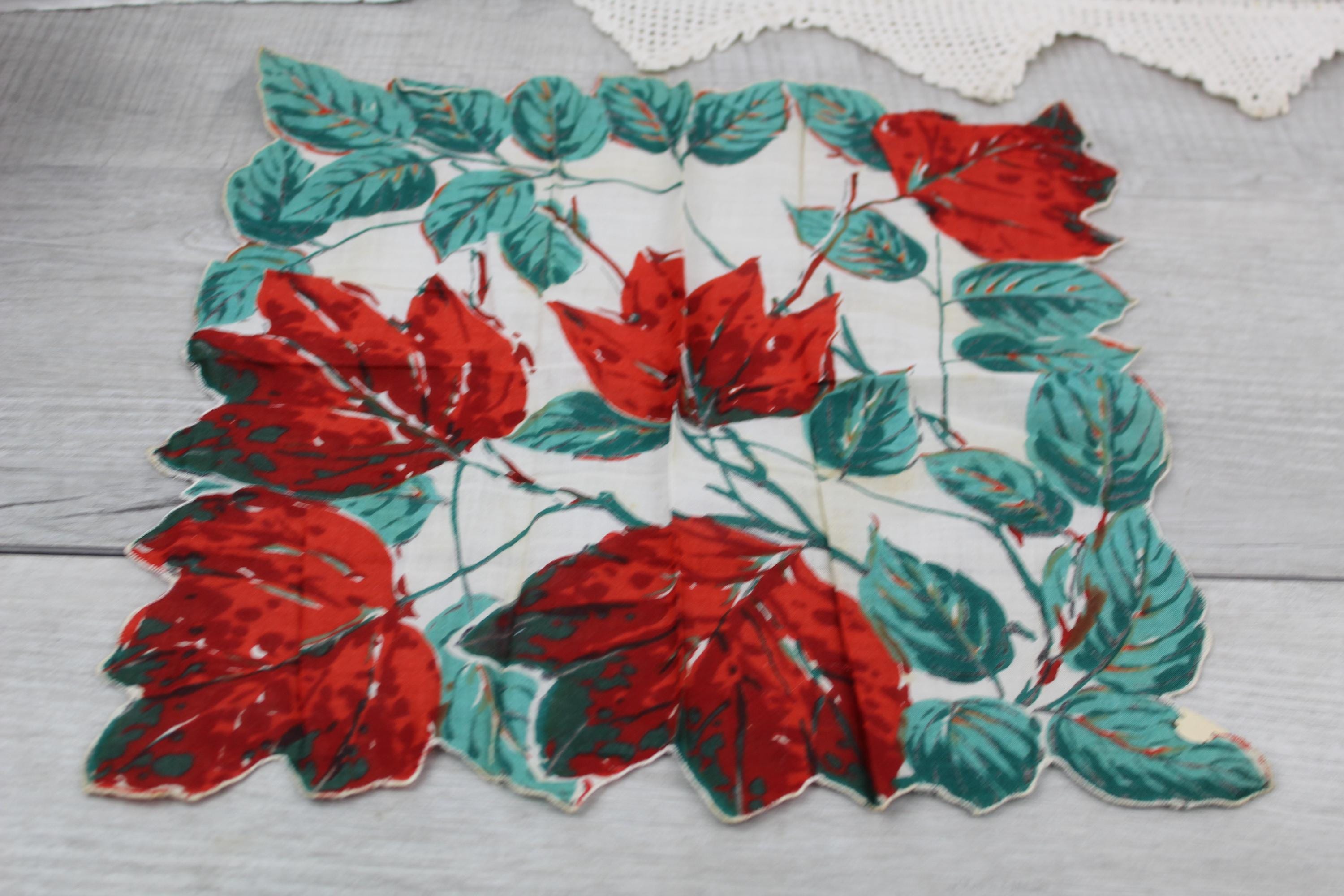 Handkerchief Vintage Christmas Colors Red Floral Green Leaves Original ...