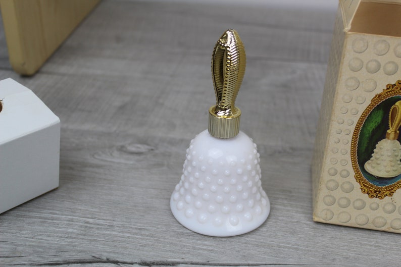Avon Bell White Milk Glass Hobnail Gold Tone Handle Vintage - Etsy