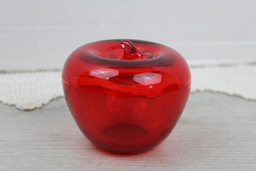 Vintage Red Glass Apple Paperweight Teacher Gift Mid Century Art Glass ...