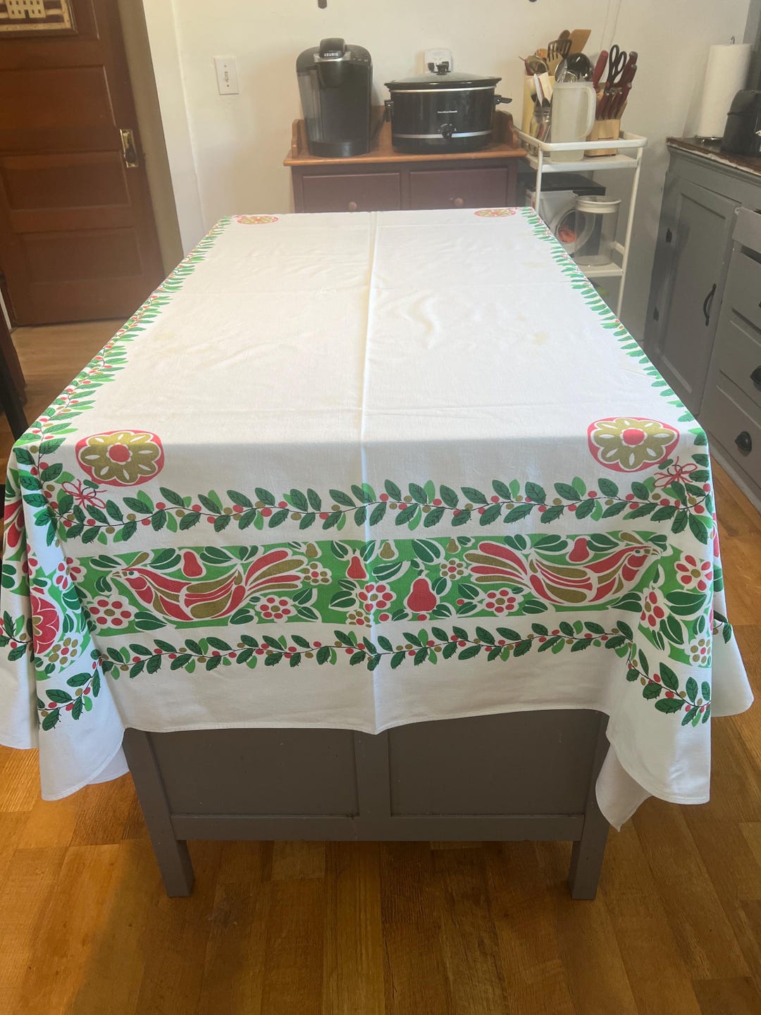 Christmas Tablecloth Vintage Amish Decor White Partridge Holly Berries ...