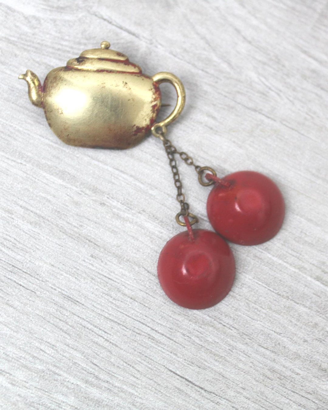 Tea Lover Teapot Pin With 2 Red Teacups on Chain Vintage - Etsy