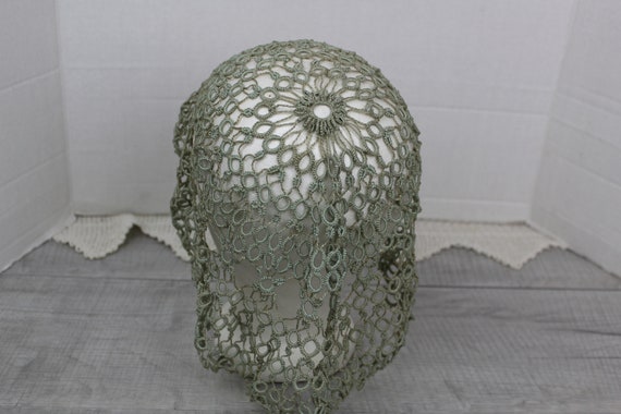 Antique Cloche Hat Boudoir Nightcap Green Corded Tatt… - Gem