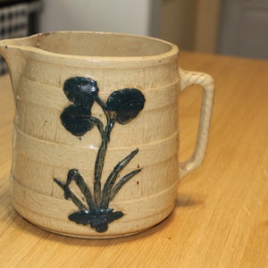 Antique Farmhouse Stoneware Barrel Shape Pitcher Beige With Blue ...