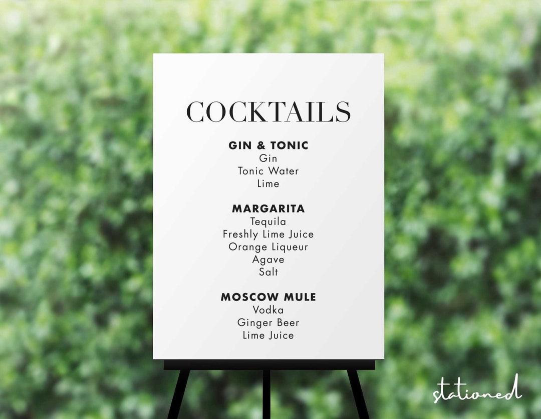 Wedding Event Bar Menu Sign | Printed or Printable Download ...