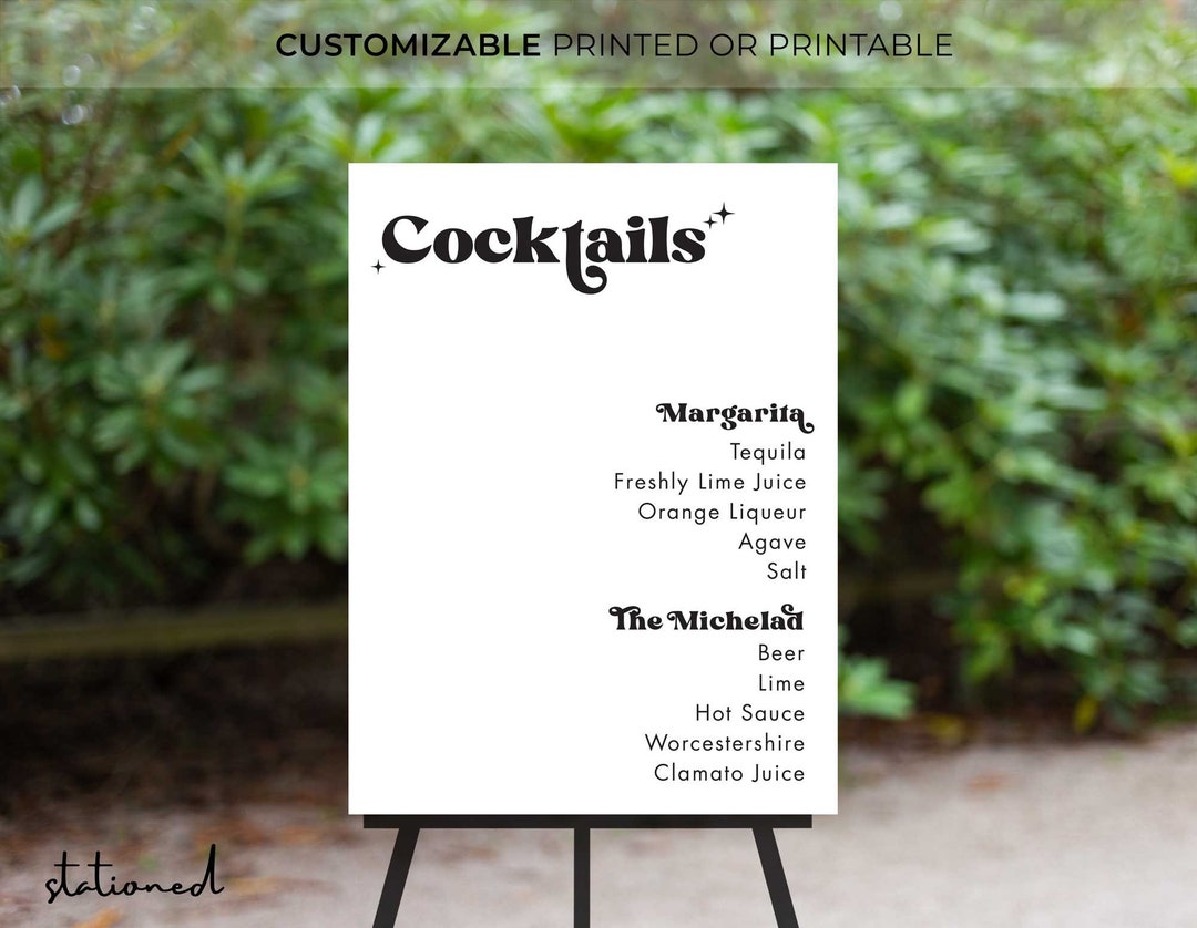Printed Modern Wedding Bar Menu Sign, Wedding Cocktail Sign - Etsy