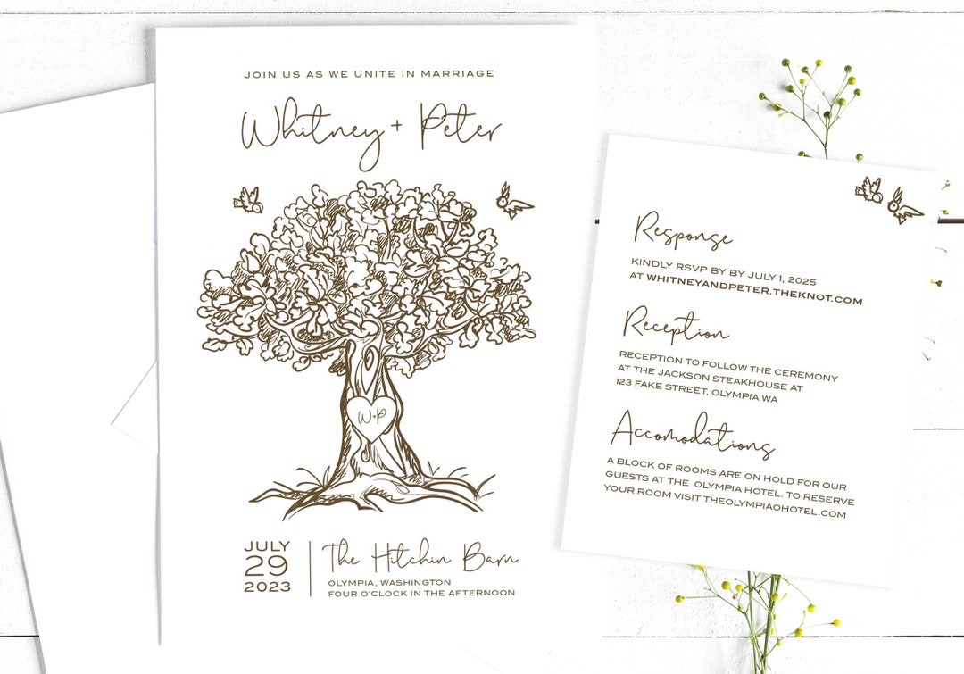 Rustic Tree Initial Wedding Invitation, RSVP/ Details Card & Envelope ...