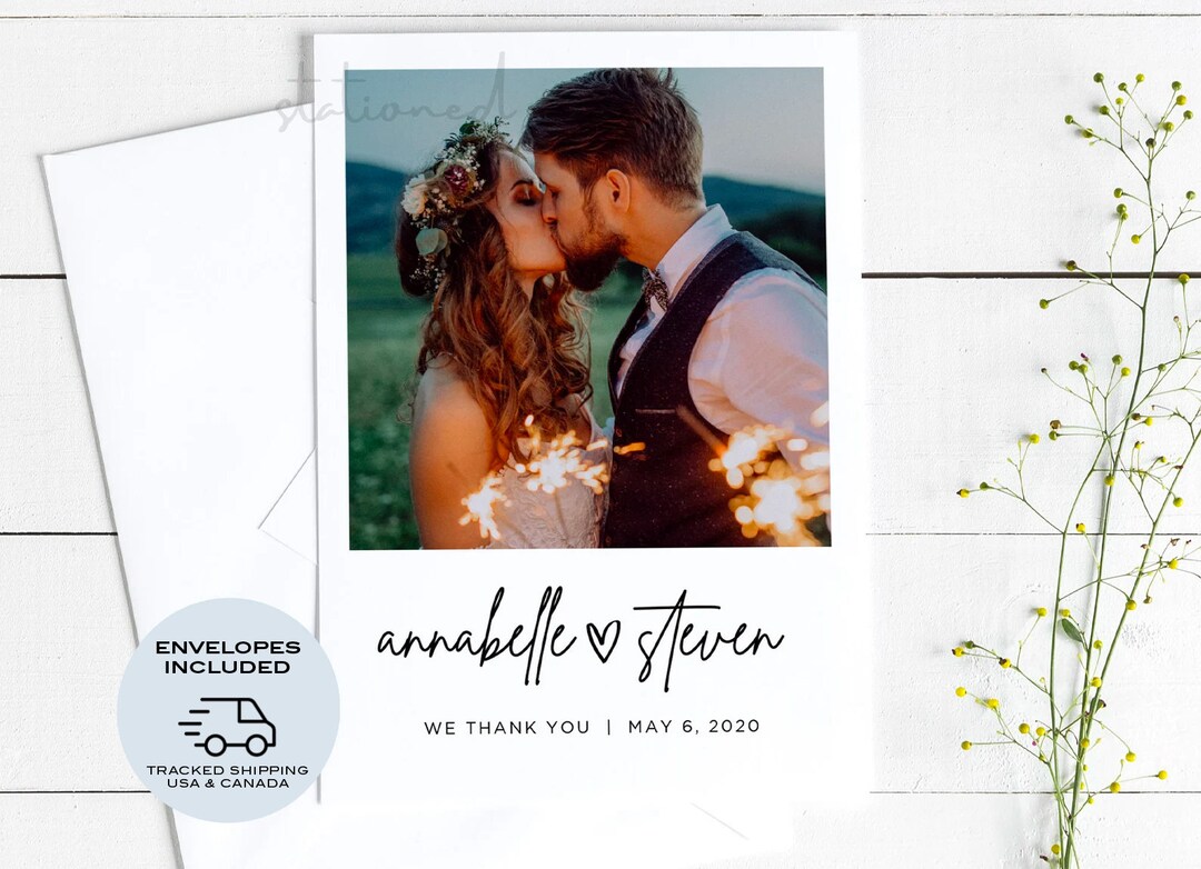 Modern Polaroid Wedding Thank You Card With Envelope | Printed or ...