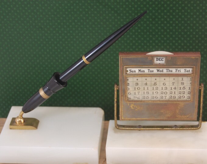 Antique DIAMOND POINT Fountain Pen Desk Set Marble and Brass Made in ...