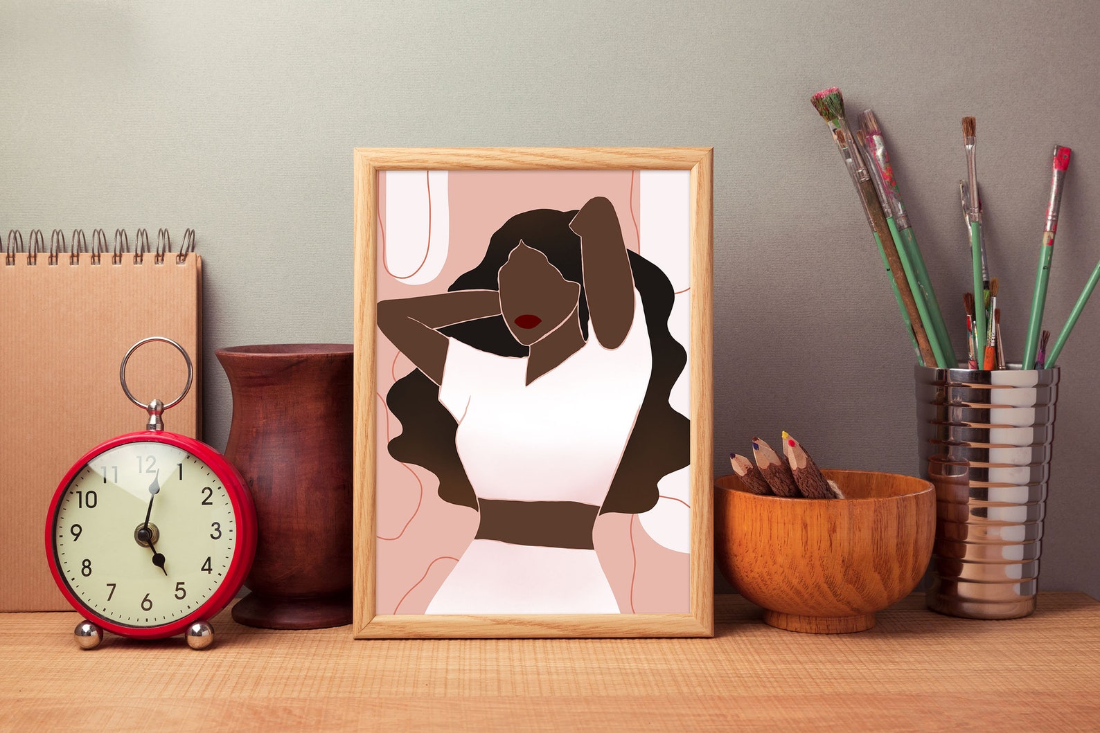 Long Wavy Brown Hair, Black Woman, Abstract, UNFRAMED, Minimalist Print ...