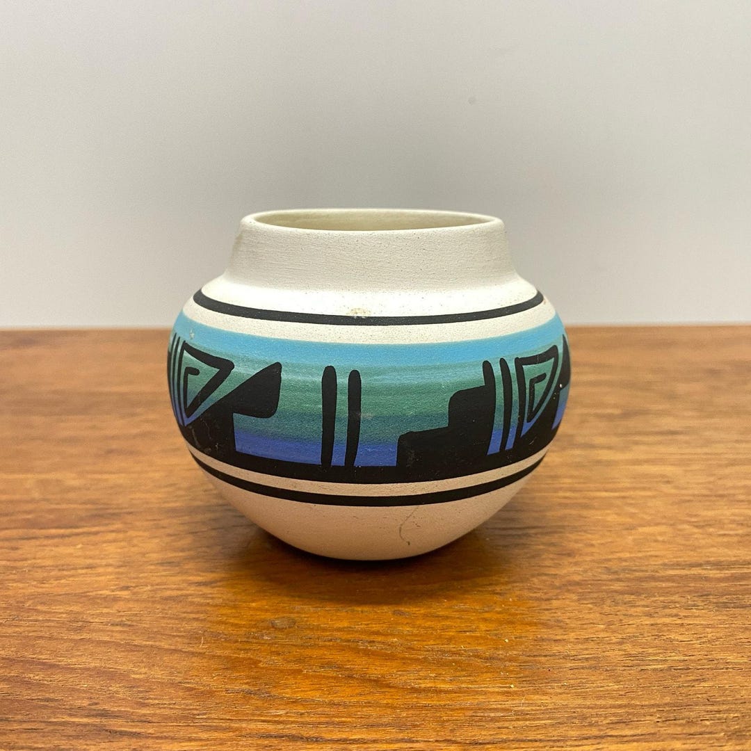 Vintage Blue Southwest Geometric 4 Clay Pot Native American UTE Pottery ...