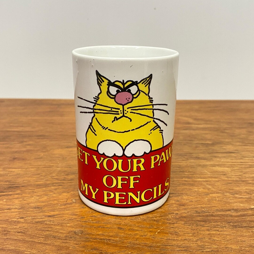 Vintage Angry Cat Cartoon Ceramic Pen Holder Cup Get Your Paws off My ...