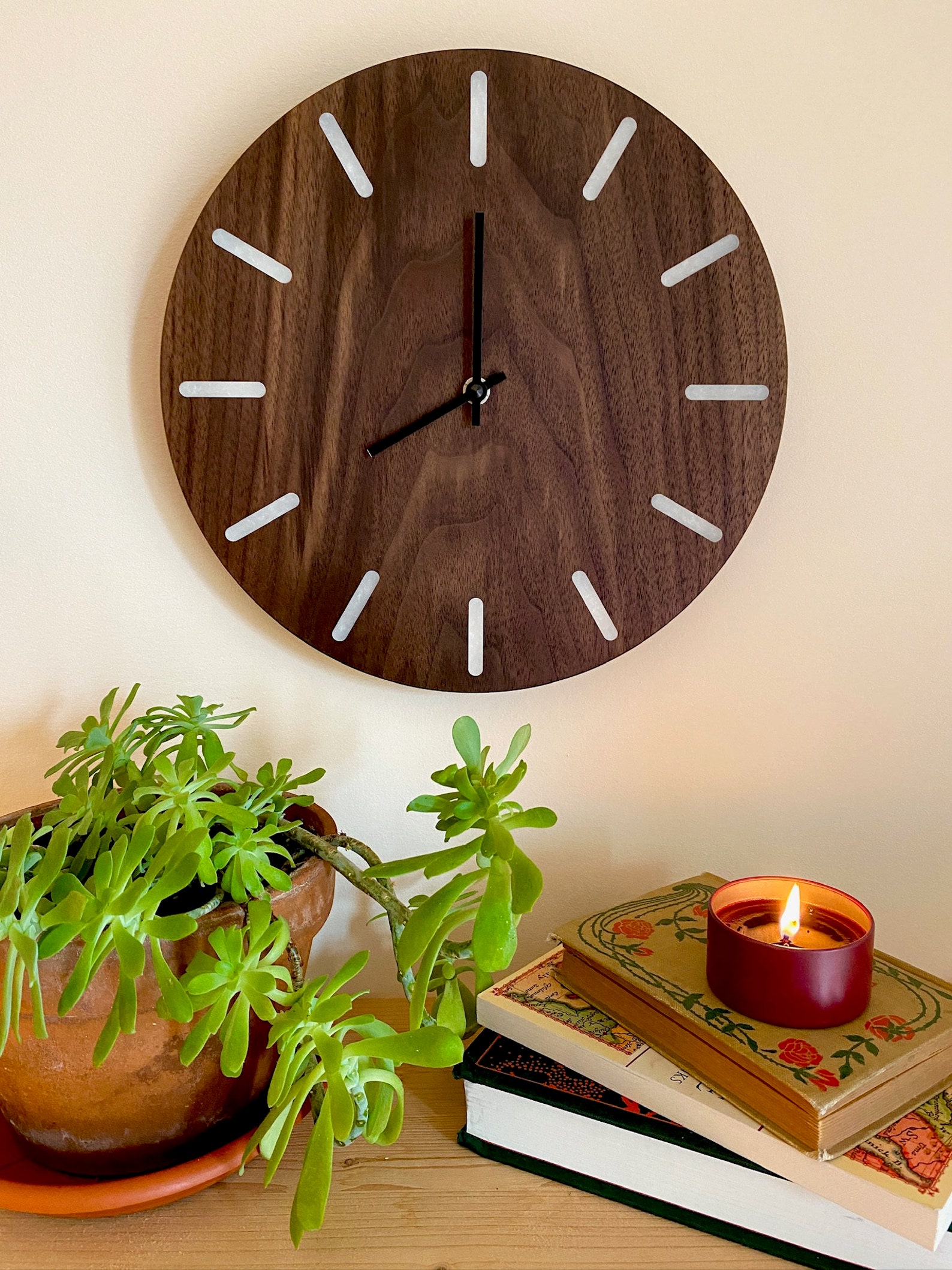 Handmade Walnut Wood Wall Clock With White Resin Dashes, 30 Cm / 11.8 Inches, Housewarming Gift ...