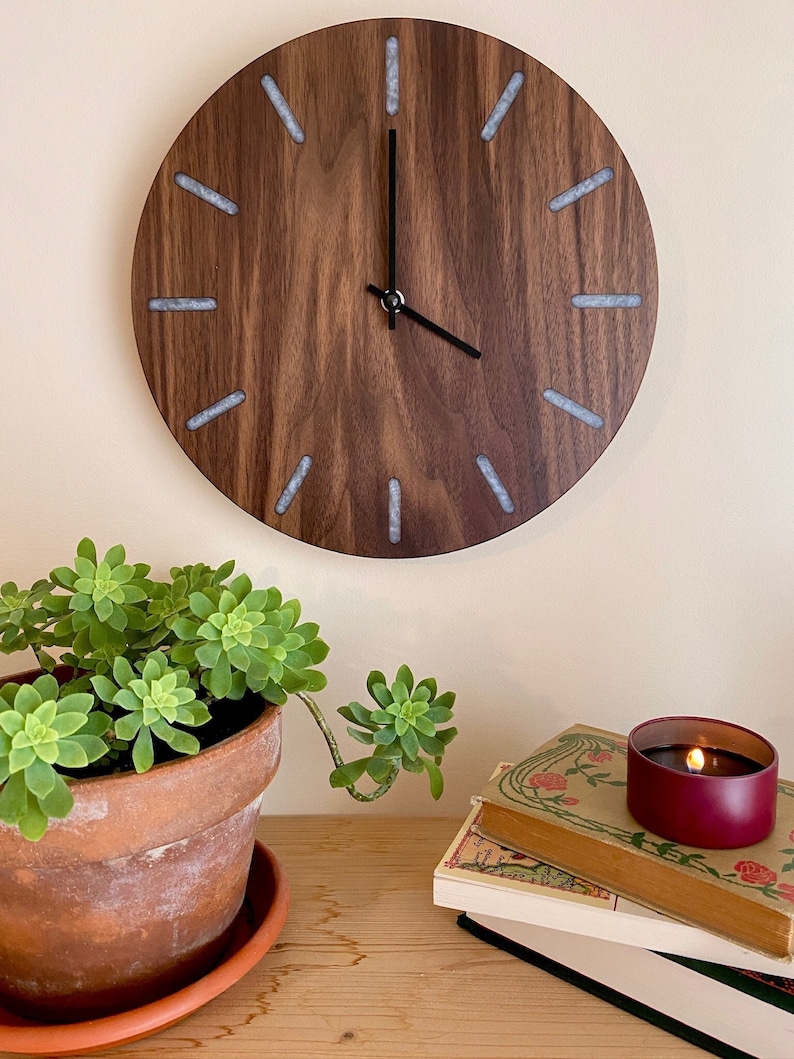 Handmade Walnut Wood Wall Clock With Ice Resin Dashes, 30 Cm / 11.8 ...