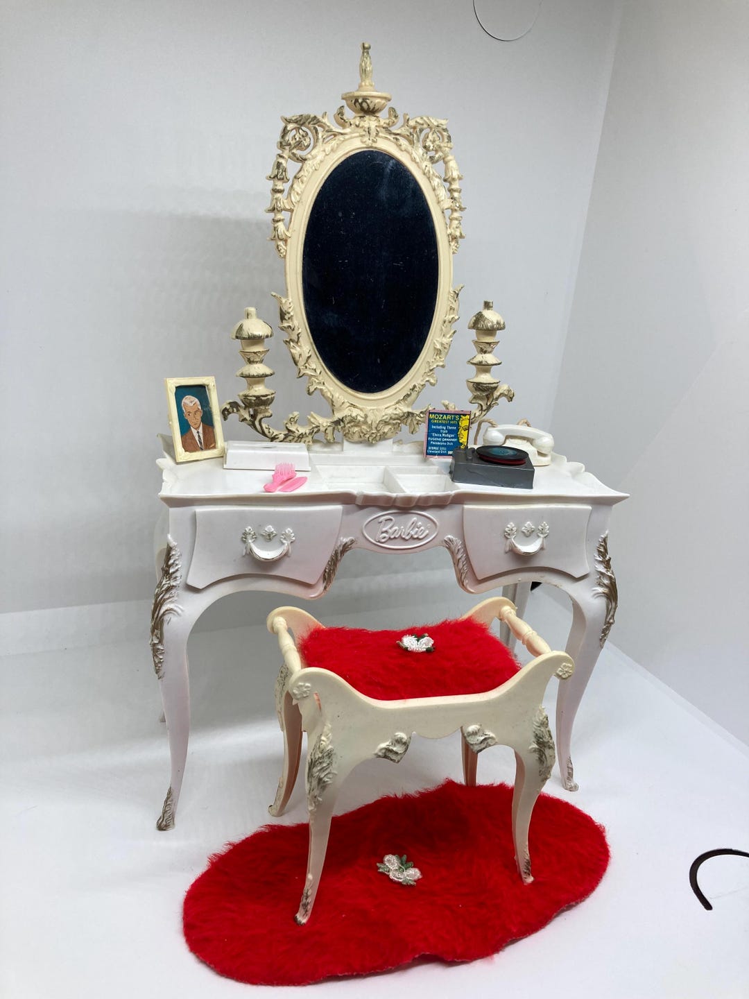 Vtg Barbie Susy Goose 1963 Vanity With Bench Red Rug Framed Ken Photo ...