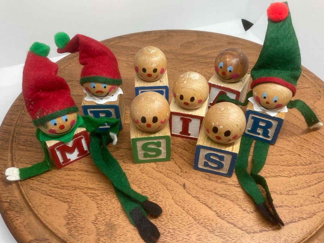 Vtg Block Elves 1 Complete 7 Incomplete Christmas Craft Toy Block and ...