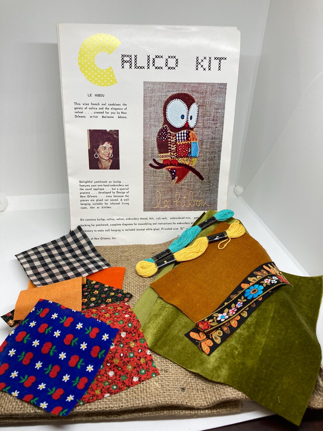 Vintage Calico Kit by Le Hibou 1972 Owl Finish Size 16” X 26” Burlap ...