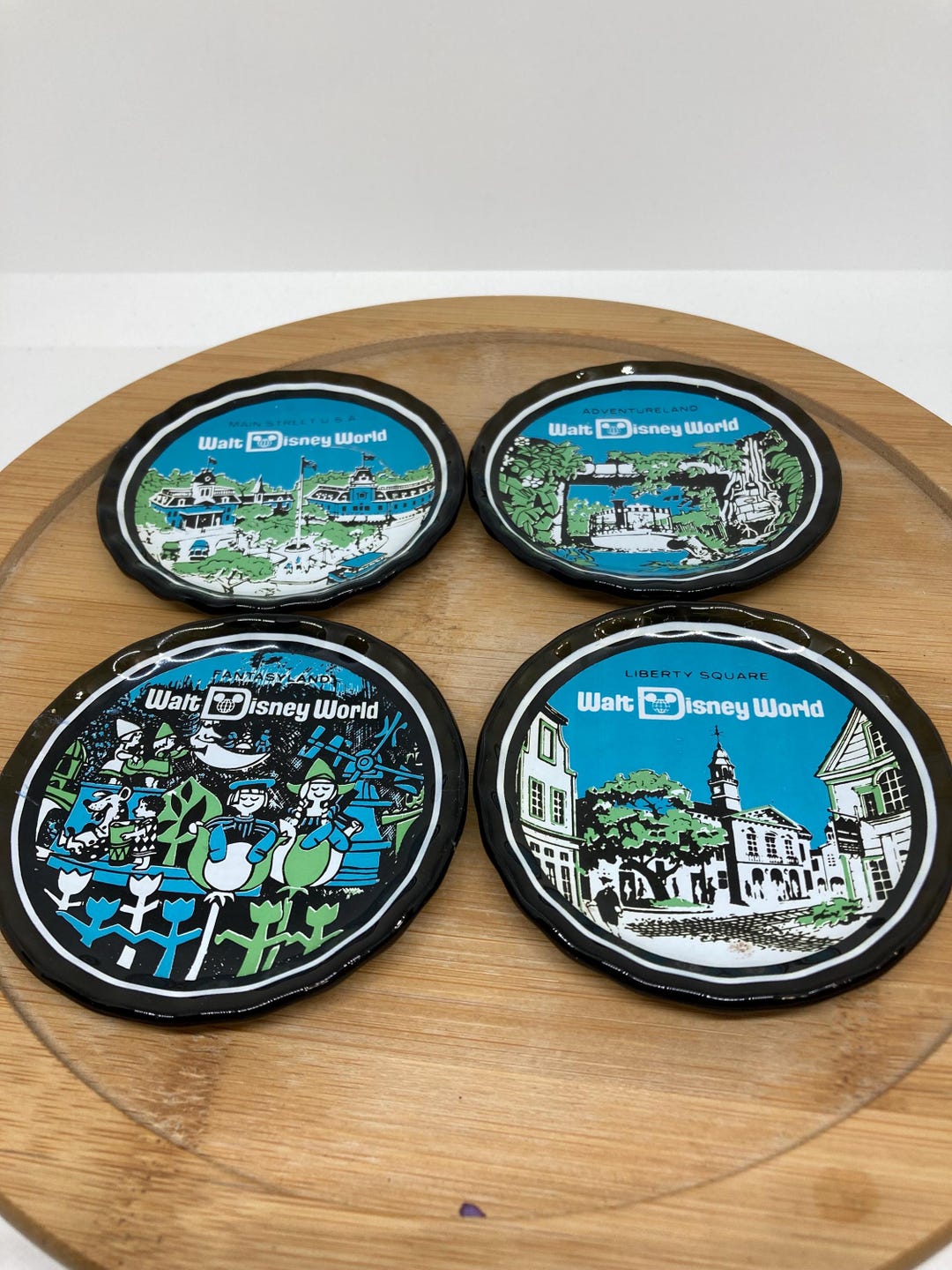 Vtg Walt Disney World Glass Coasters Set of 4 Liberty Square Fantasy ...